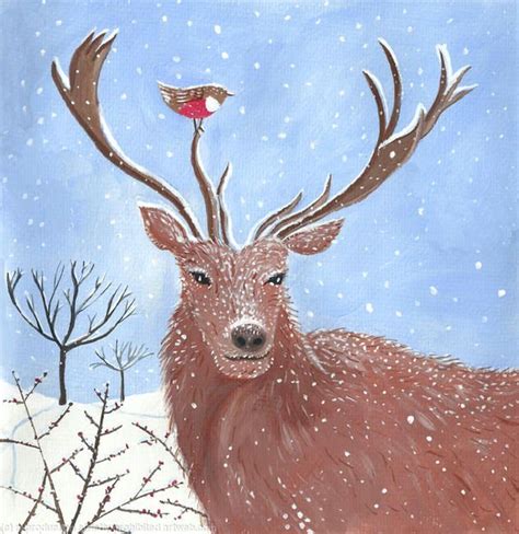 Stag With Robin Lovers Art Illustration Artwork