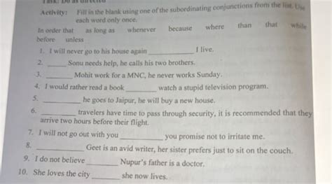 activity fill in the blank using one of the subordinating conjunctions