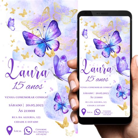 Convite digital interativo aniversário borboletas lilás roxo