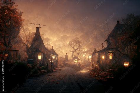 Night Autumn Misty Street With Ugly Huts In Ghost Village 3d Art