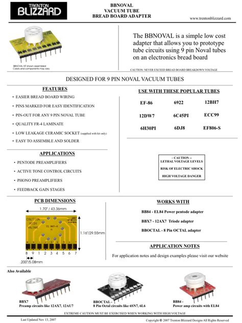 Bb Noval Tube Breadboard Adapter Data Sheet Pdf Vacuum Tube Electrical Engineering