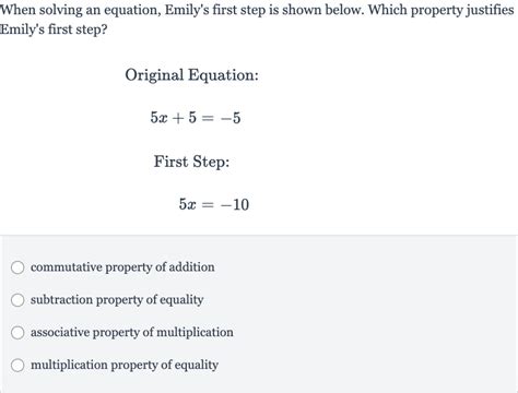 solved when solving an equation emily s first step is shown below