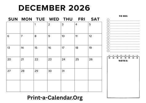 December 2026 Calendar Printable Print A Calendar