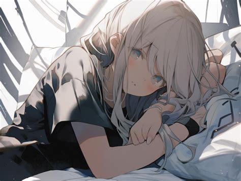 Anime Girl Laying On A Bed With Her Legs Crossed Generative Ai