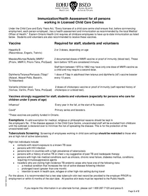 Fillable Online Immunizationhealth Assessment For All Persons Working