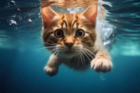 Cute Little Kitty Swimming Underwater And Looking At Camera Stock Illustration Illustration Of