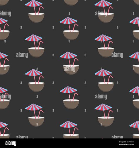 Seamless Pattern With Half Coconut Drink Tube And Umbrella Polka Dot