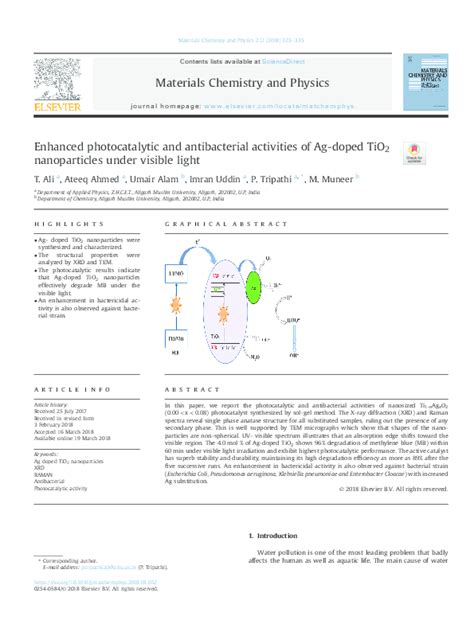 Pdf Enhanced Photocatalytic And Antibacterial Activities Of Ag Doped Tio 2 Nanoparticles Under