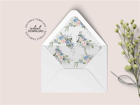 Printable A7 Wedding Envelope Liner With Blue And Pink Flowers For Euro