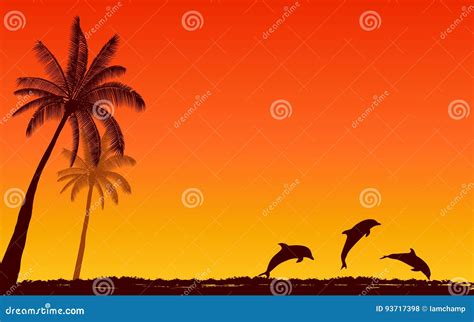 Silhouette Jumping Dolphin And Palm Tree In Flat Icon Design With