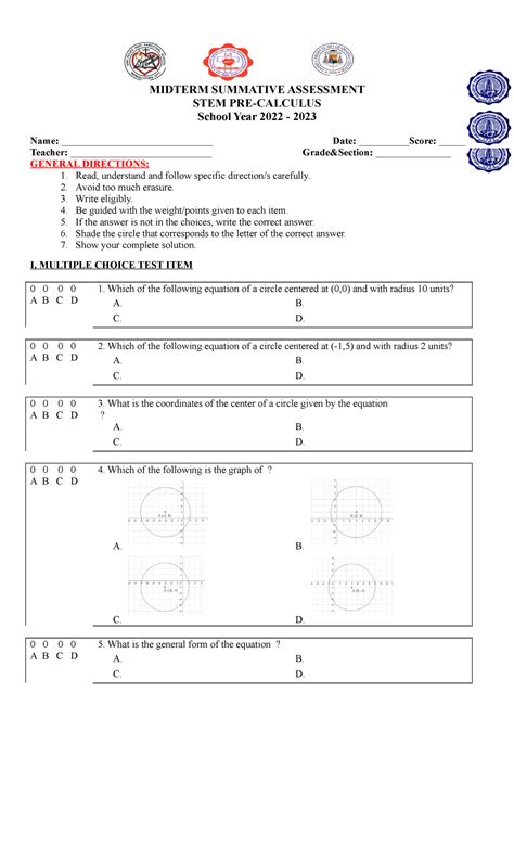 Precalculus 1st Quarter Summative Test Midterm Summative Assessment Stem Pre Calculus School