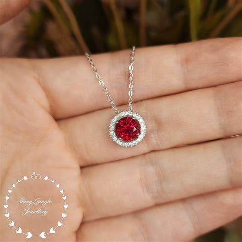 Ruby Necklace Halo 1 Carat 6 Mm Round Cut Genuine Lab Grown Ruby Necklace July Birthstone