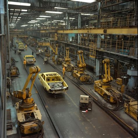 Innovative Assembly Line Robotic Arms And Yellow Cars In Action Premium Ai Generated Image