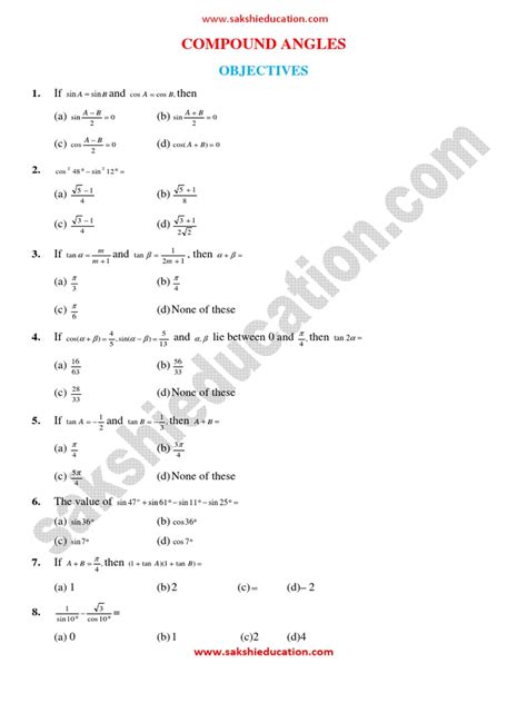 Compound Angles Pdf Trigonometric Functions Mathematical Objects
