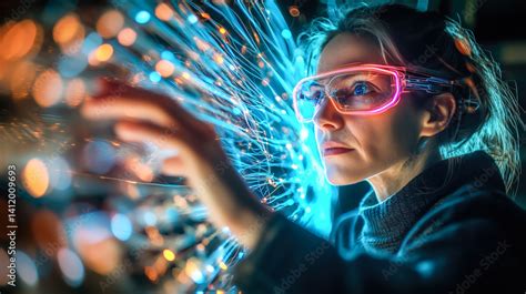 An Old Woman Interacts With A Neural Network Display And The Glowing