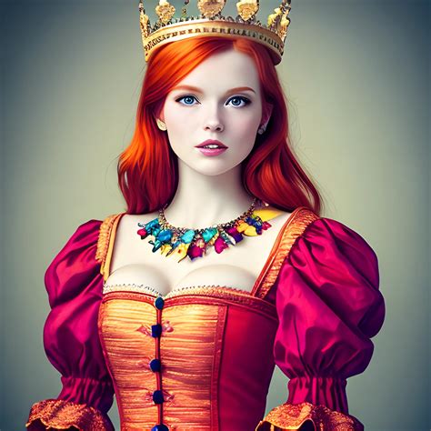 Beautiful Redhead European Woman With Crown And Colorful Outfits