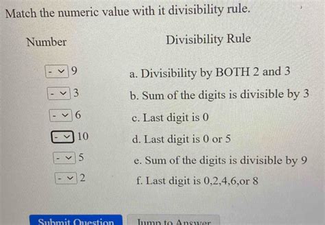 solved match the numeric value with it divisibility rule number