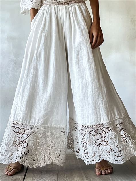 Vintage Boho Floral Lace Hem Flowy Linen Pants White Xl Diy Vetement