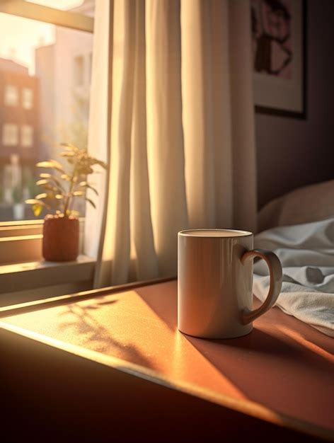 Premium Photo A Cup Of Coffee Sits On A Table In Front Of A Window