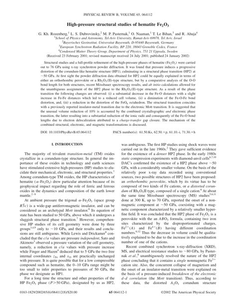 Pdf High Pressure Structural Studies Of Hematite Fe 2 O 3