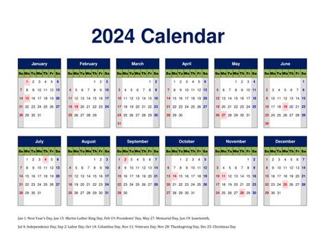 2024 Printable Calendar One Page With Holidays Printable Free