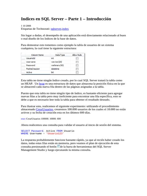 Indices En Sql Server Pdf Servidor Sql De Microsoft Sql