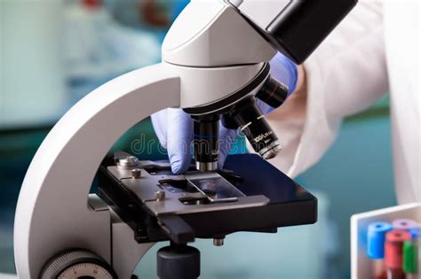 Close Up Of Laboratory Scientist A Microscope Being Used In A Lab Stock