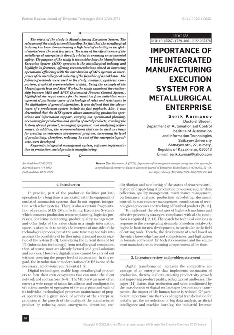 Pdf Importance Of The Integrated Manufacturing Execution System For A