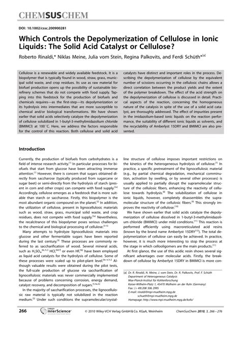 Pdf Which Controls The Depolymerization Of Cellulose In Ionic Liquids The Solid Acid Catalyst