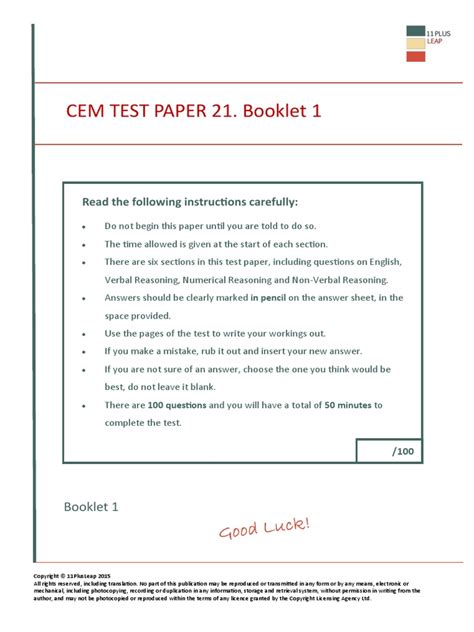 Cem Test Paper 21 Booklet 1 Read The Following Instructions Carefully Pdf Cakes Part Of