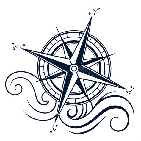 Nautical Compass Rose With Waves Silhouette Stock Vector Illustration