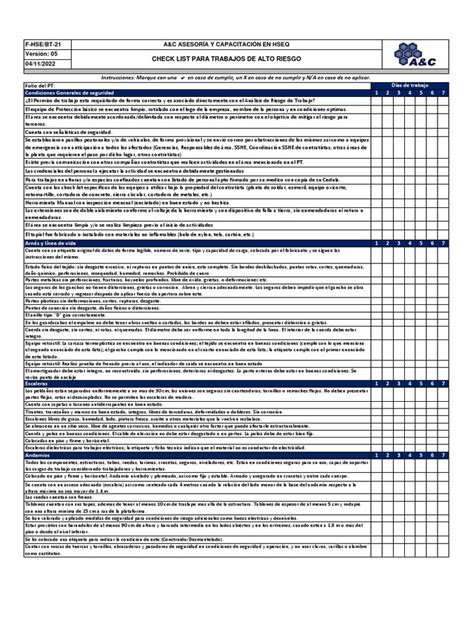 Check List Para Trabajos De Alto Riesgo Pdf Soldadura Construcción