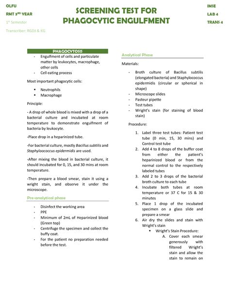 Imse Lab 4 Sir Joy Prelims Lab Screening Test For Phagocytic Engulfment Olfu Rmt 3rd Year 1