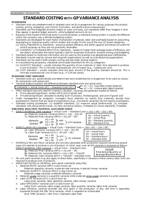 Ma 05 Standard Costing And Gp Variance Analysis Overview Studocu