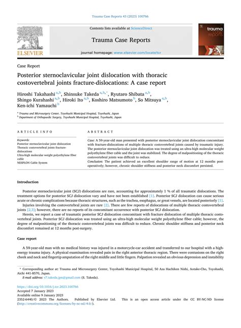 Pdf Posterior Sternoclavicular Joint Dislocation With Thoracic