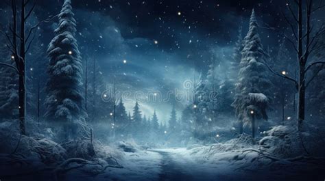 Magic Lights And Snow In Forest At Christmas Night In Winter Fairy