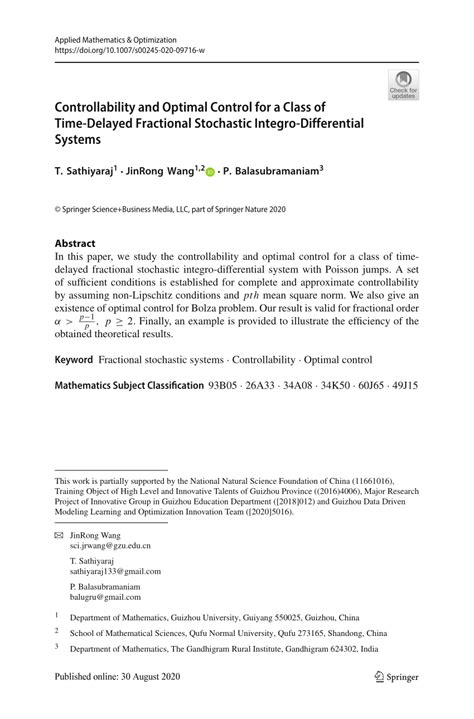 Pdf Controllability And Optimal Control For A Class Of Time Delayed Fractional Stochastic