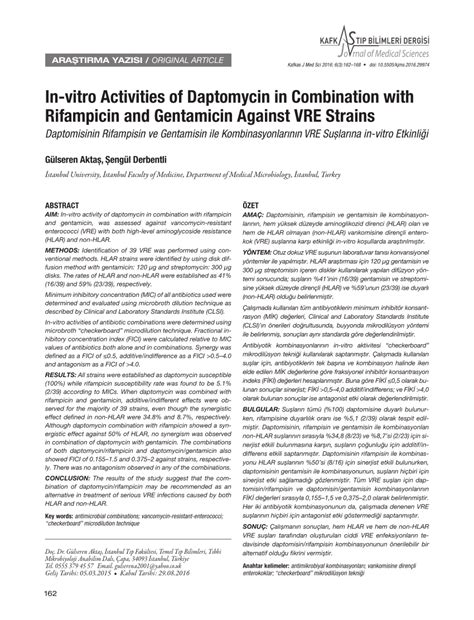 Pdf In Vitro Activities Of Daptomycin In Combination With Rifampicin And Gentamicin Against