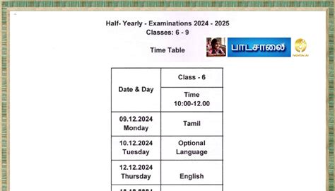 6th Standard Term 2 Exam Time Table 2024 ~ Padasalai Net No 1