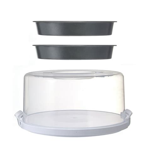 Mainstays 12 Inch Clear Cake Carrier With 2pk 9 Inch Gray Round Pans Carbon Steel