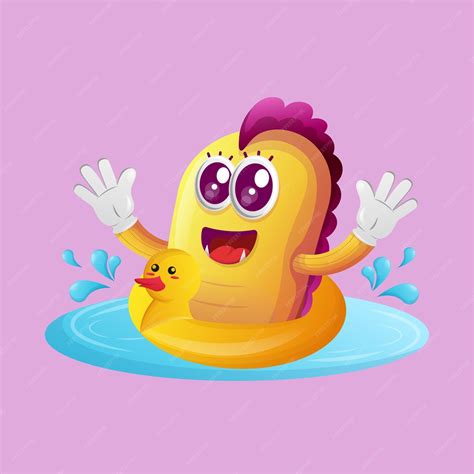 Premium Vector Cute Yellow Monster Swimming Wearing Rubber Duck Tube