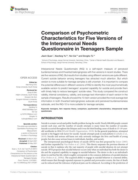 Pdf Comparison Of Psychometric Characteristics For Five Versions Of The Interpersonal Needs
