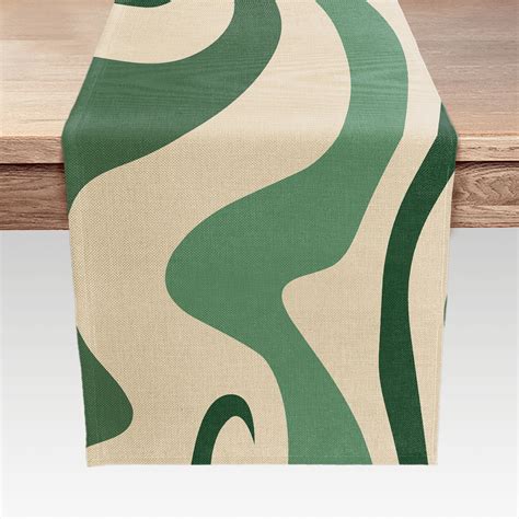 Aesthetic 70s Abstract Wavy Swirl Table Runners Cute Green Beige Table