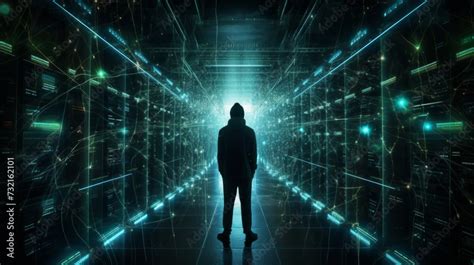 Silhouette Of A Male Hacker In A Server Room Neural Network Ai Generated Art Stock Illustration