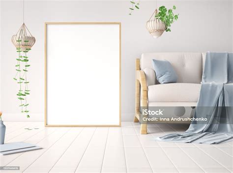 소파와 식물 벽에 포스터 프레임 모형 포스터와 흰색 소파 스칸디나비아 스타일의 3d 렌더링현대 거실 인테리어 디자인 0명에 대한