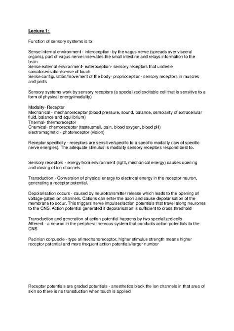 lecture 1 notes lecture 1 function of sensory systems is to sense