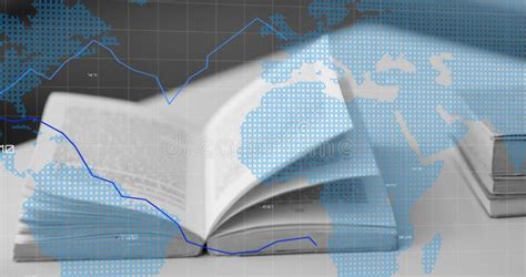 Global Financial Data Animation Over Open Book And World Map Stock