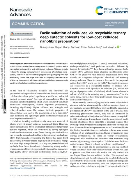 Pdf Facile Sulfation Of Cellulose Via Recyclable Ternary Deep Eutectic Solvents For Low Cost