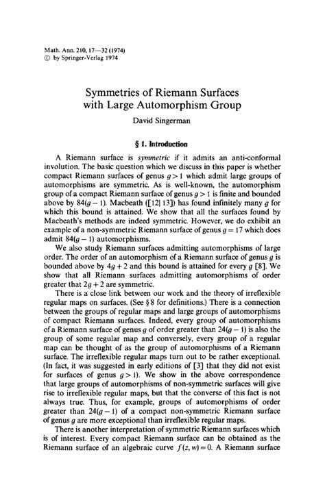 Pdf Symmetries Of Riemann Surfaces With Large Automorphism Group