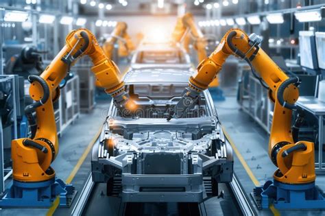 Robotic Arms Perform Precise Tasks On A Car Assembly Line Showcasing Automation S Role In